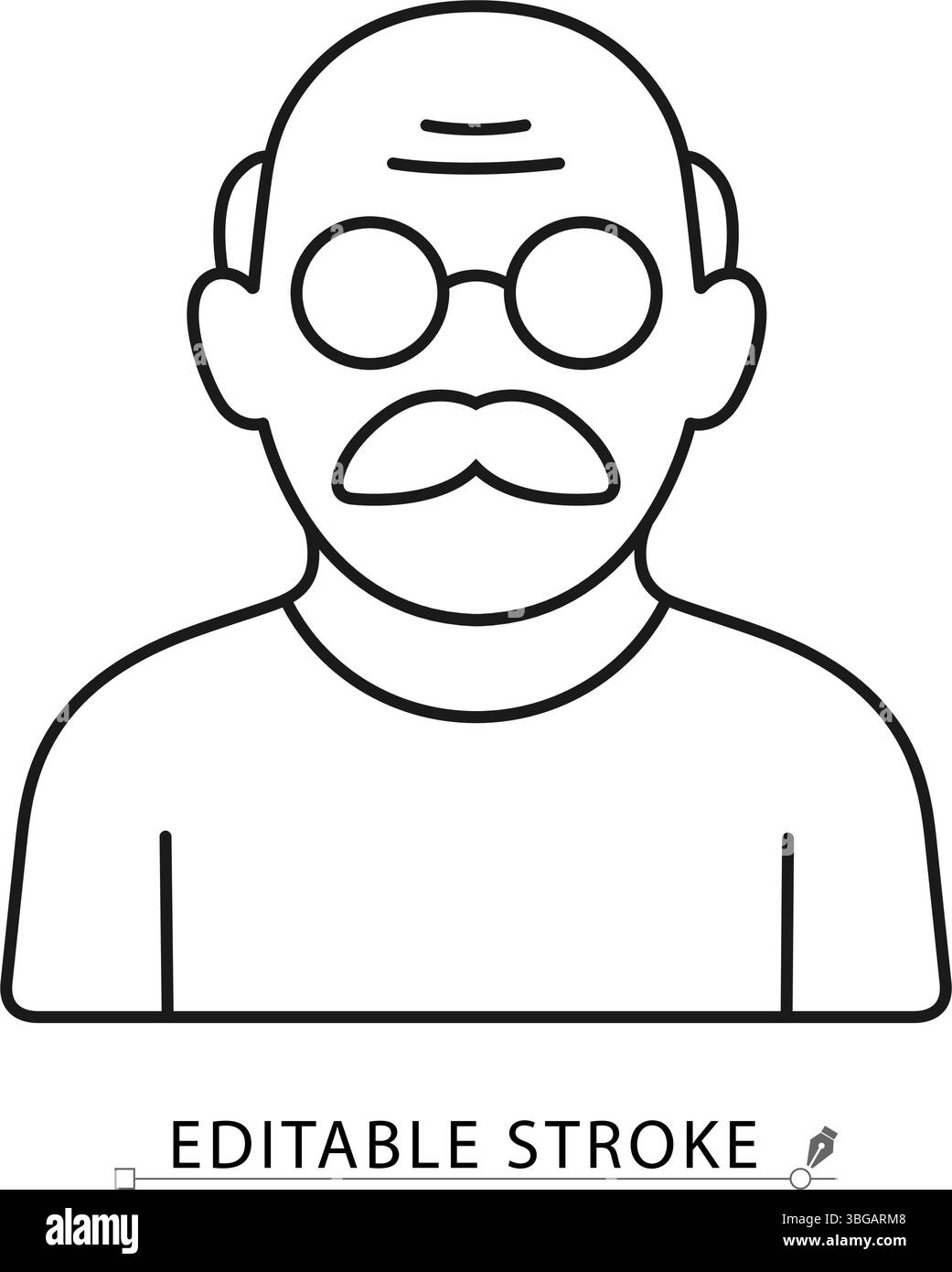 Grandfather icon in minimal black outline style with glasses and mustache on white background ...