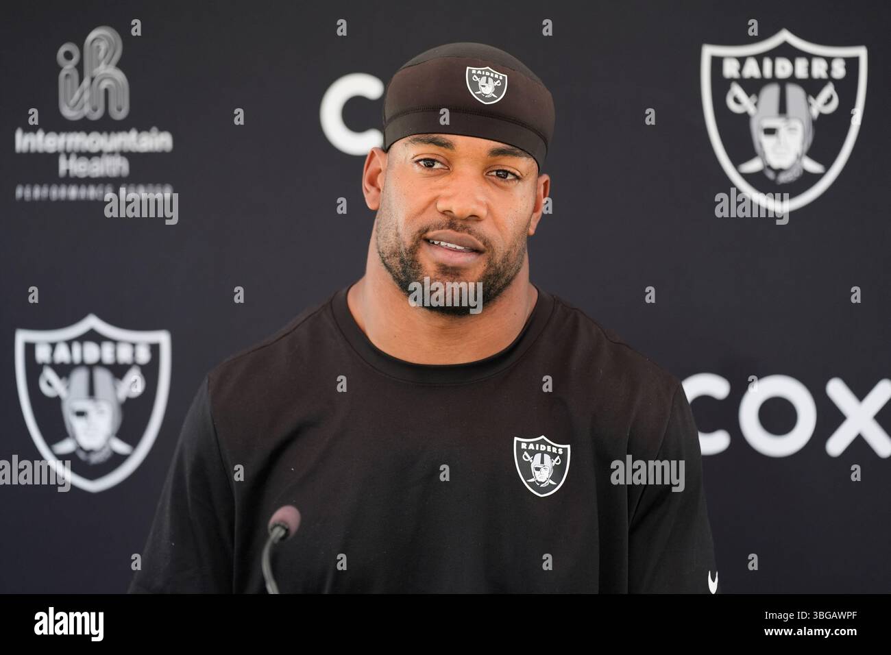 Las Vegas Raiders safety Jeremy Chinn speaks during a news conference ...
