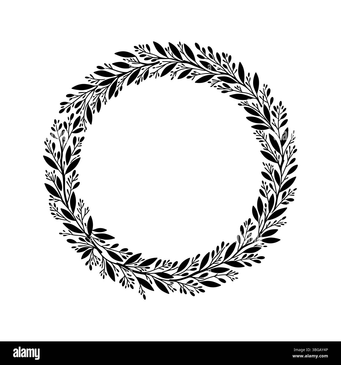 Delicate circle made of small leaves and twigs, simple black botanical ...