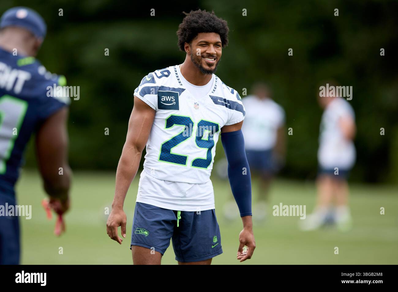 Seattle Seahawks cornerback Josh Jobe (29) smiles as he prepares for ...