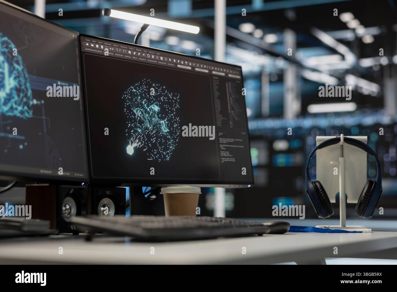 Close up of computer screens in server room monitoring artificial intelligence visualizing ...