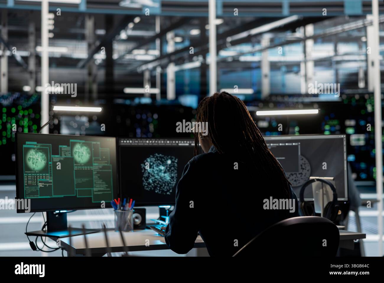 Data center IT expert looking at network traffic patterns, detecting ...