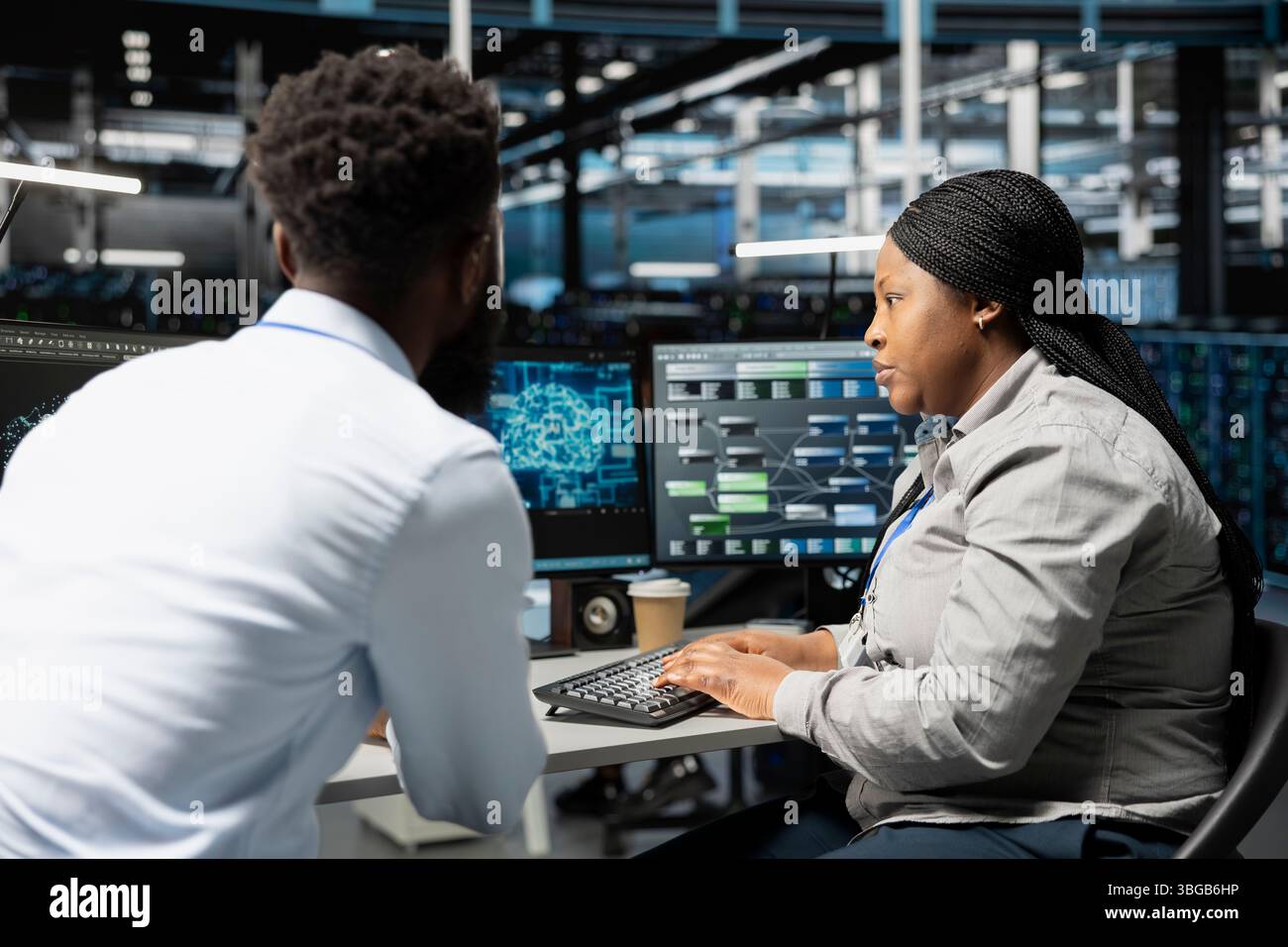 Data center engineering team using artificial intelligence neural networks technology ...