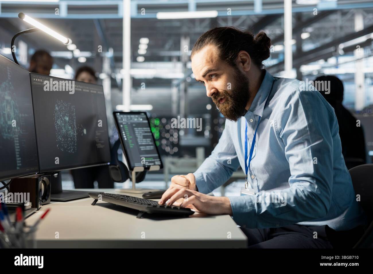 Software developer coding on computer, upgrading artificial ...