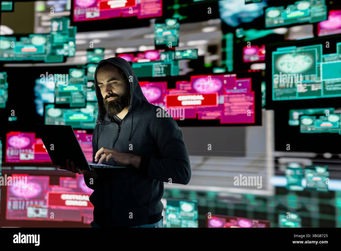 Male hacker operates in stealth mode breaching system access through ...