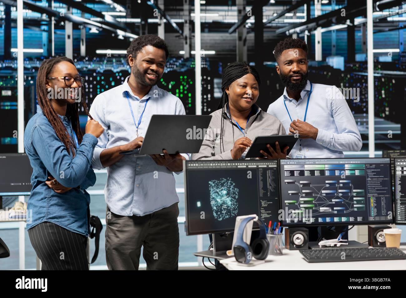 Cheerful data center experts working together, using deep learning algorithms and node trees to ...