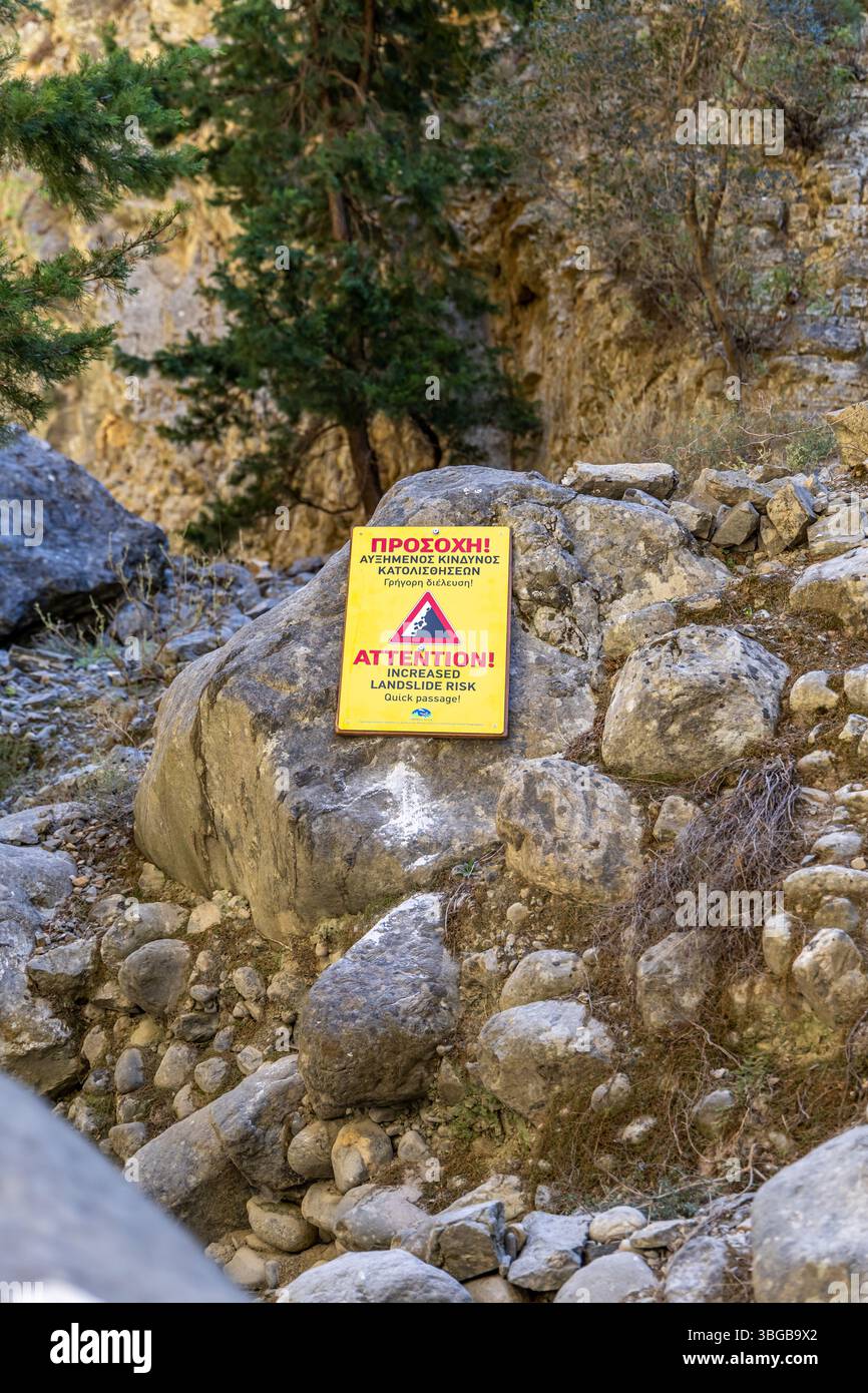 Crete, Greece - October 18, 2024: Warning sign at the end of Samaria ...