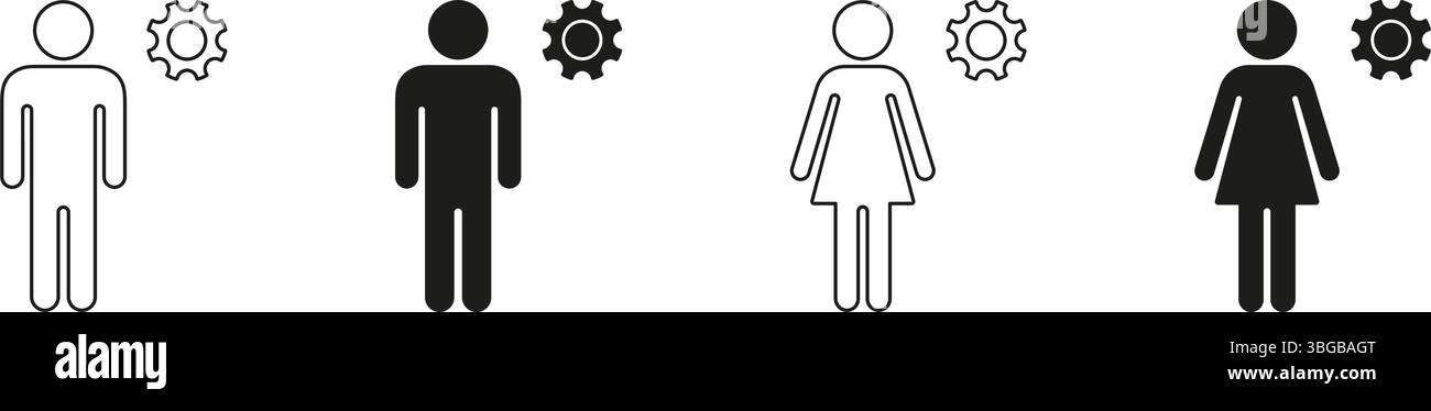 Male And Female With Gear Icon Set. Gender Roles And Workforce ...