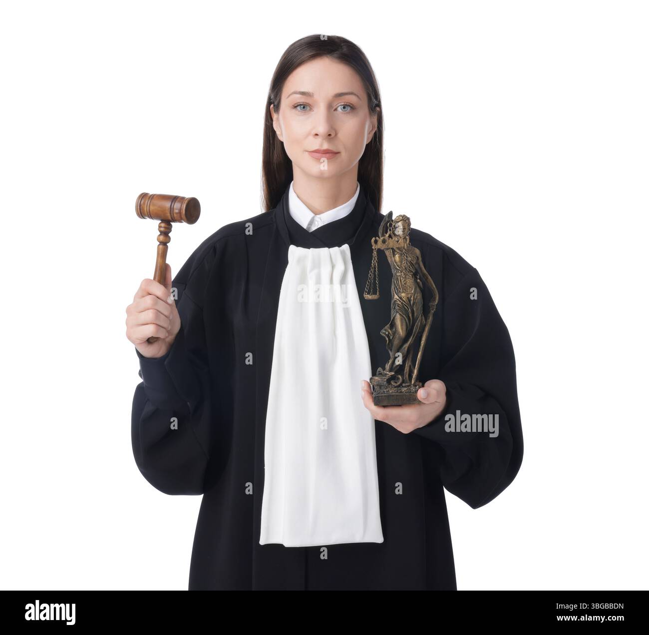 Judge with mallet and figure of Lady Justice on white background Stock ...