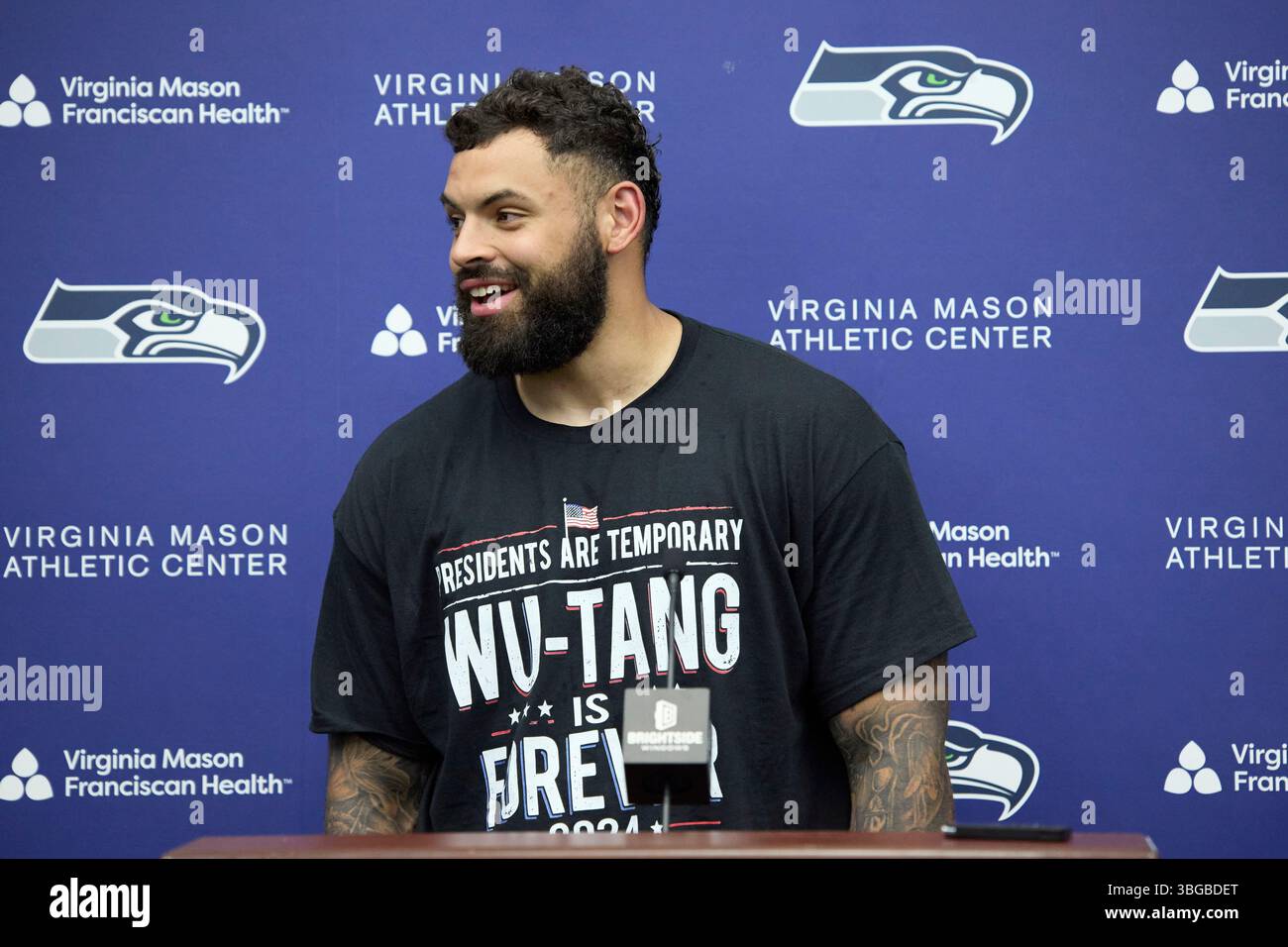 Seattle Seahawks offensive tackle Abraham Lucas talks to the news media ...