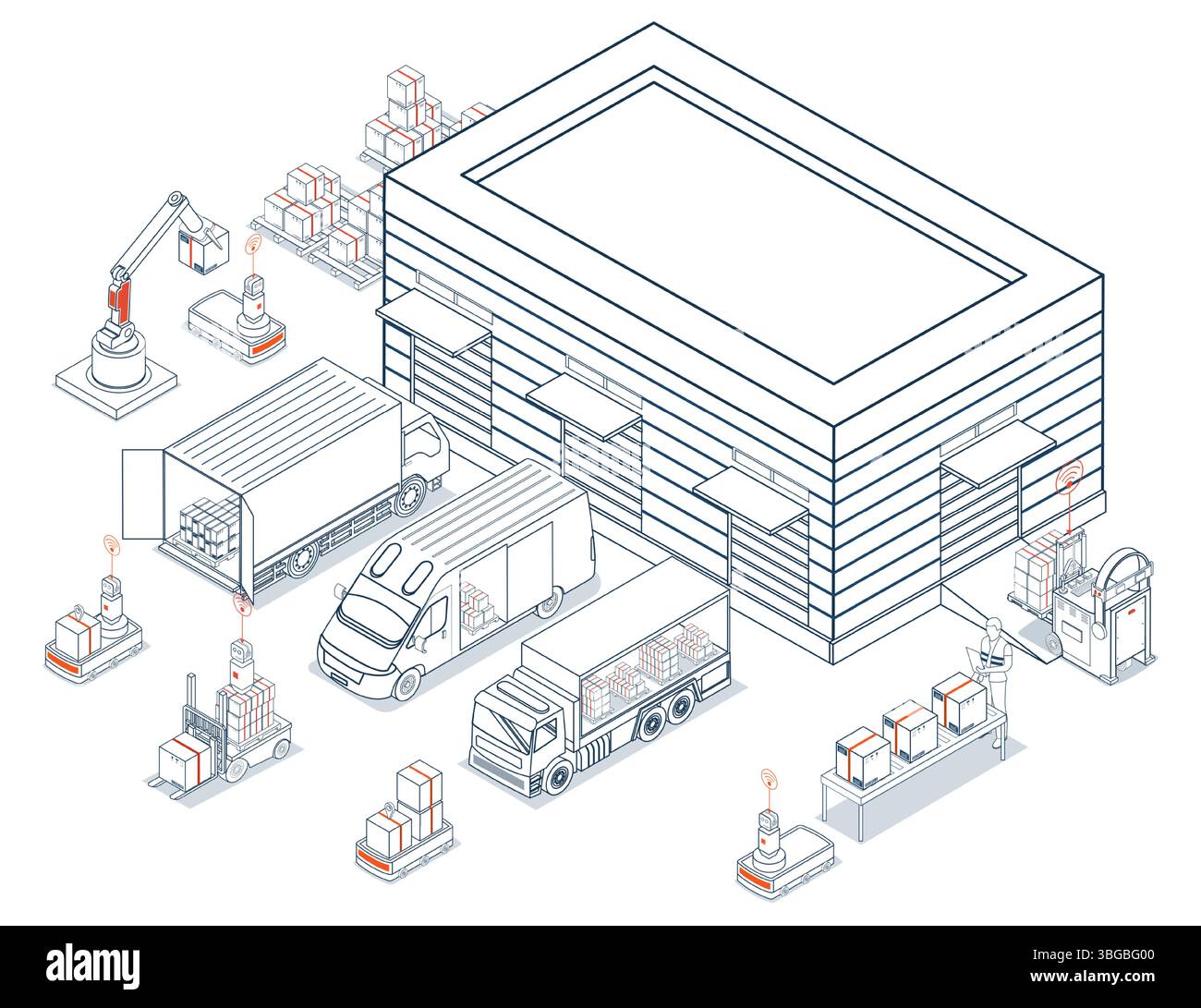 Modern warehouse with autonomous robots moving inventory. Essential ...