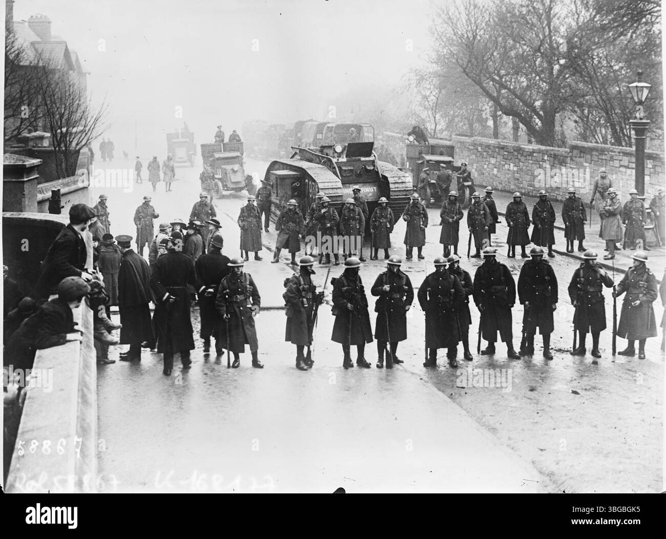 Dublin, scene outside Mountjoy Prison, April 1920. Military forces ...