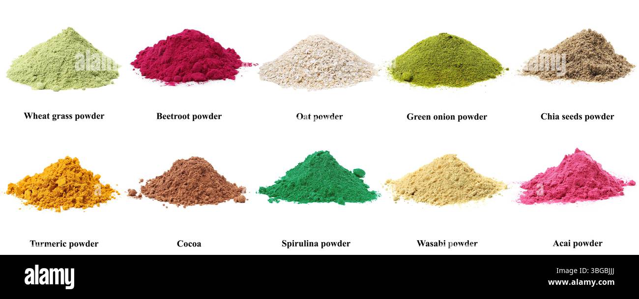 Different superfood powders and names on white background, collage ...