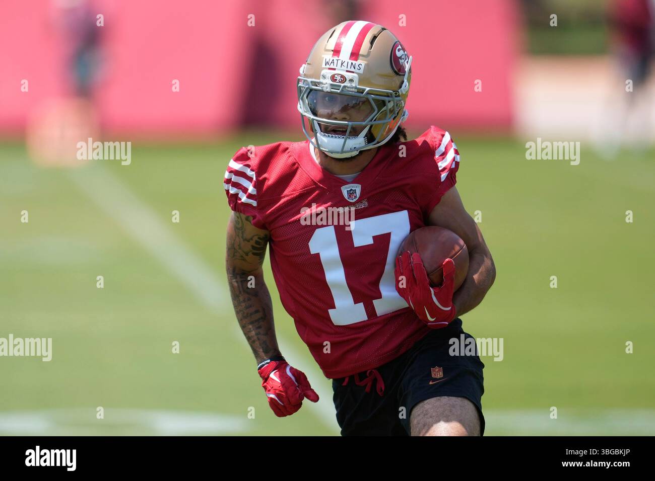 San Francisco 49ers wide receiver Jordan Watkins runs a drill during ...