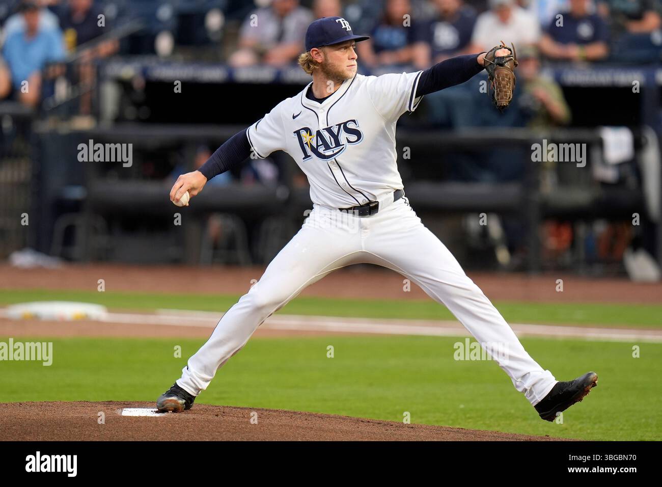 Tampa Bay Rays' Shane Baz pitches to the Texas Rangers during the first ...