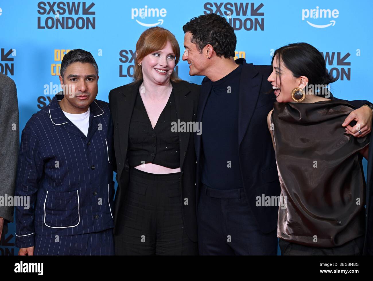 London, UK. June 4th, 2025. Nick Mohammed, Bryce Dallas Howard, Orlando Bloom and Sonoya Mizuno ...