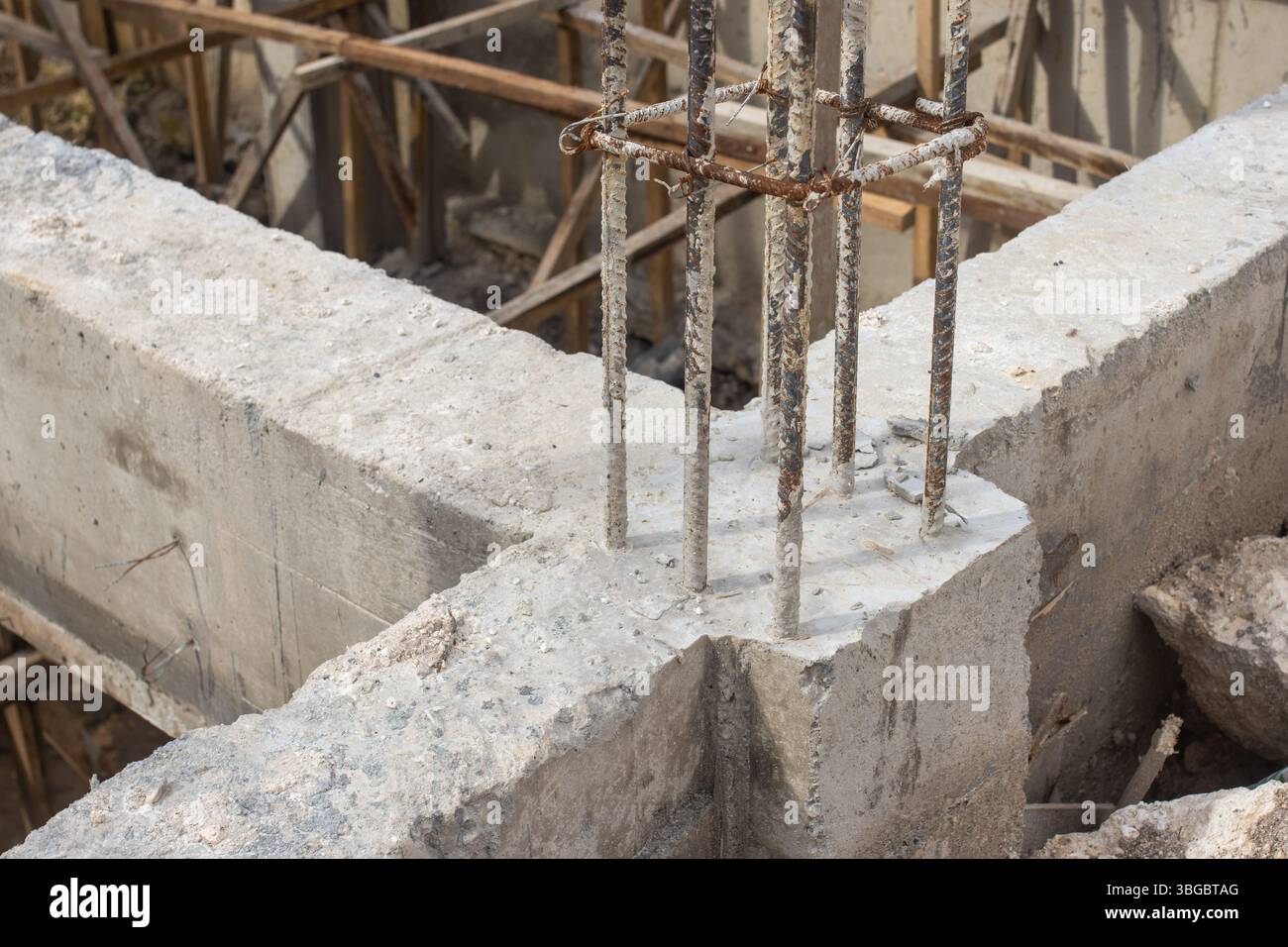 steel bars reinforcement column on concrete foundation, Construction ...