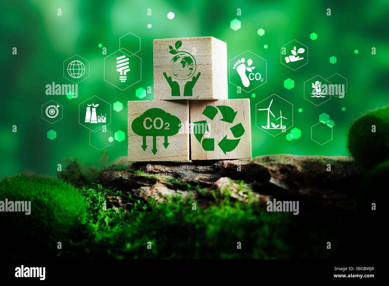 Eco-friendly wooden blocks showing recycle symbol, CO2 emission icon ...