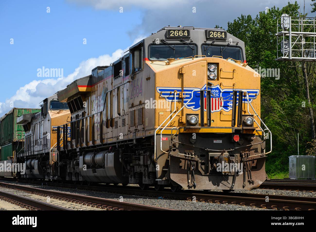 Seattle - May 18, 2025; Union Pacific freight train locomotive in closeup working intermodal ...