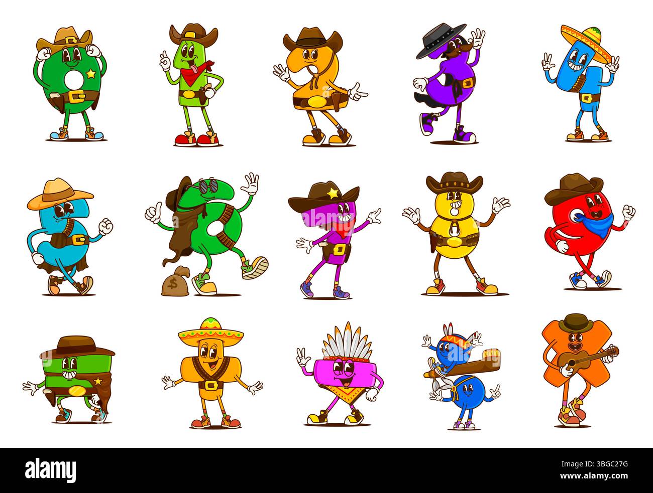 Cartoon groovy math number cowboy and bandit characters, retro Western ...