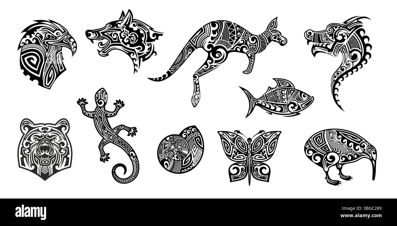 Maori tribal animal tattoo set of Polynesian or Hawaiian pattern ...