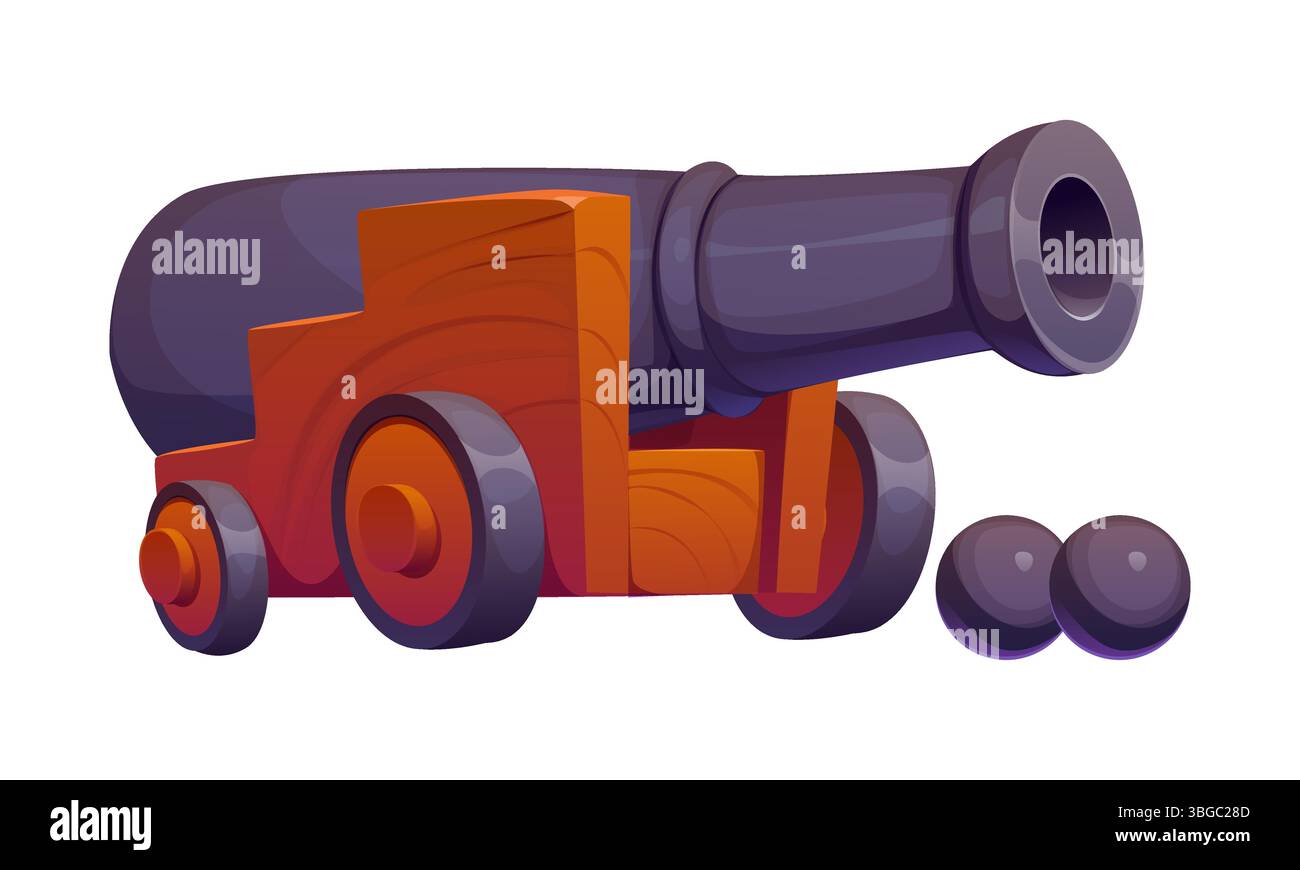 Cartoon pirate cannon weapon with cannonballs. Vector black iron gun on ...