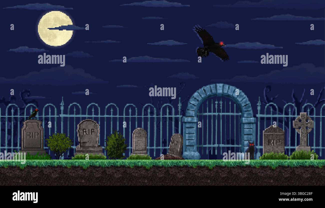 8bit pixel art Halloween graveyard landscape depicts eerie cemetery at ...