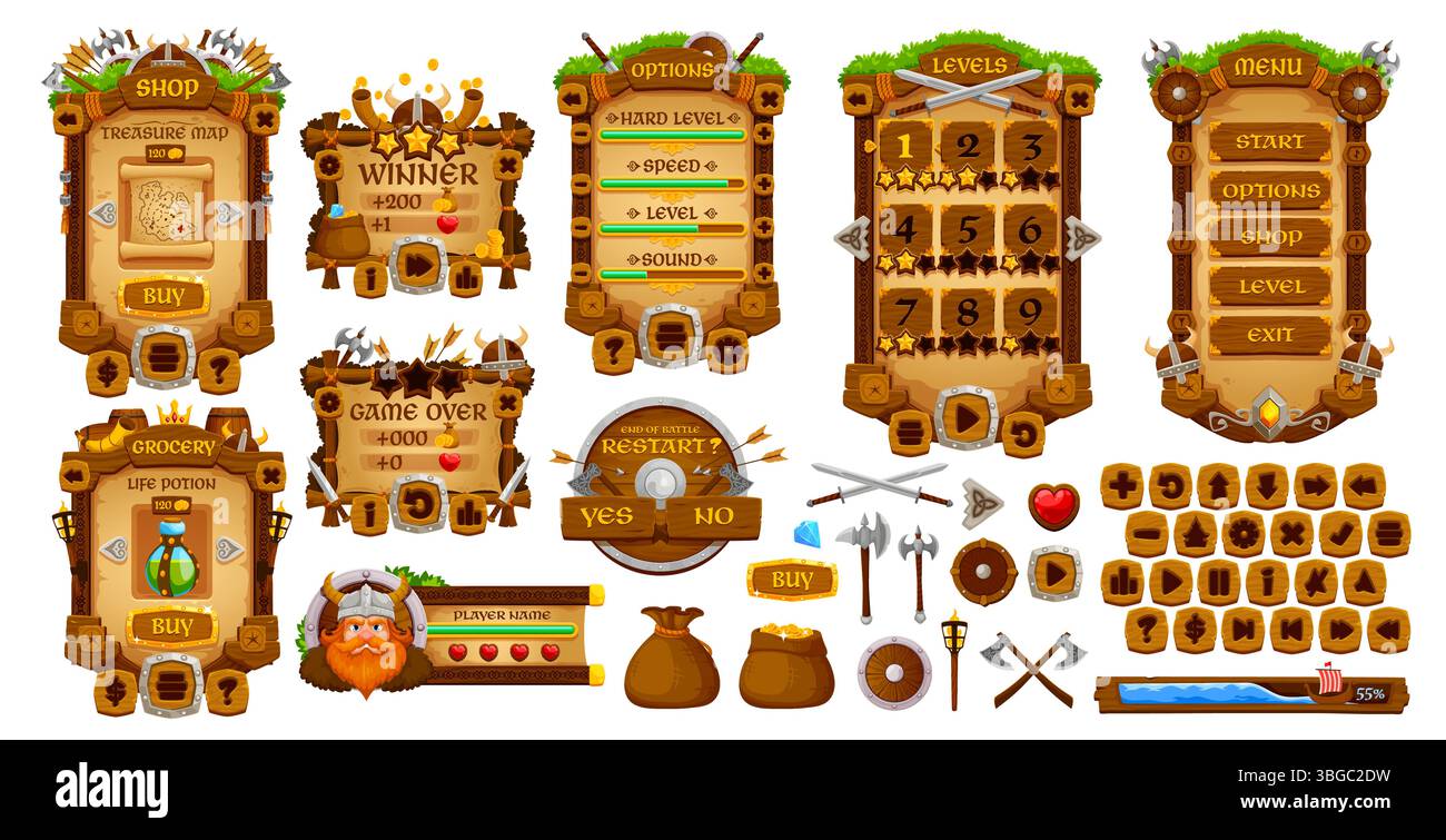Vikings game interface asset. Vintage medieval GUI elements and buttons, vector UI. Cartoon ...