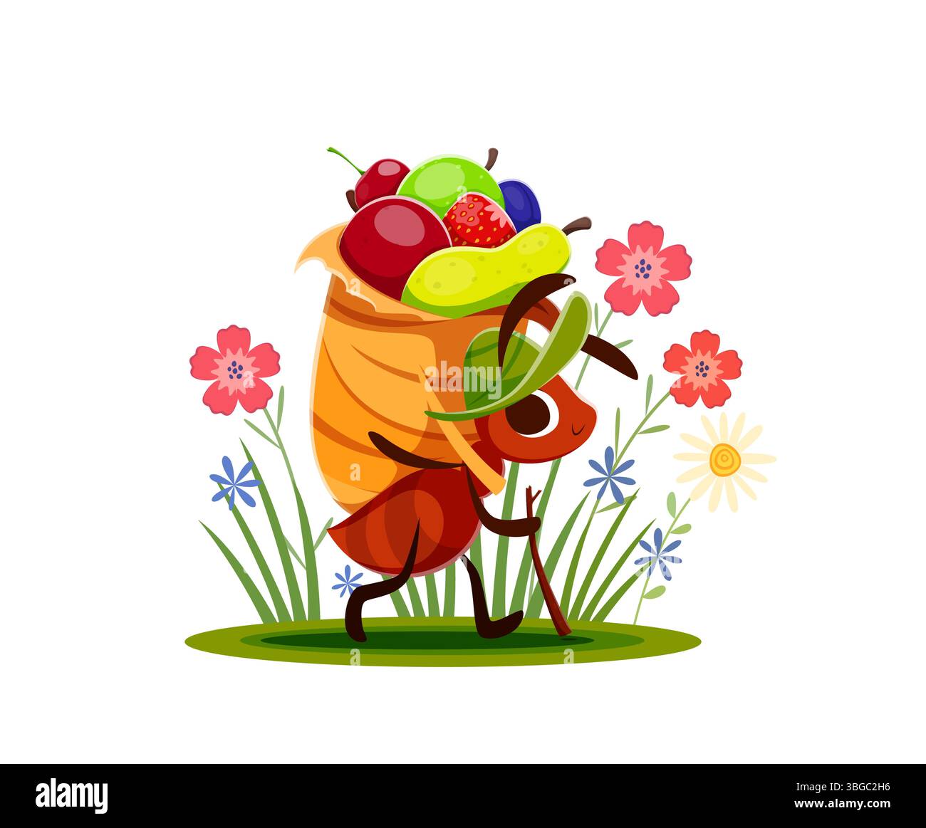 Cartoon ant character carries fruits. Vector insect carrying a large ...