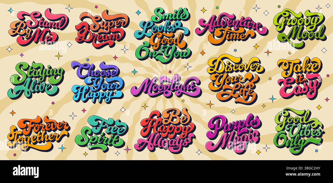 Groovy hippie script quote. Vector retro typographic set with lettering phrases in vibrant ...