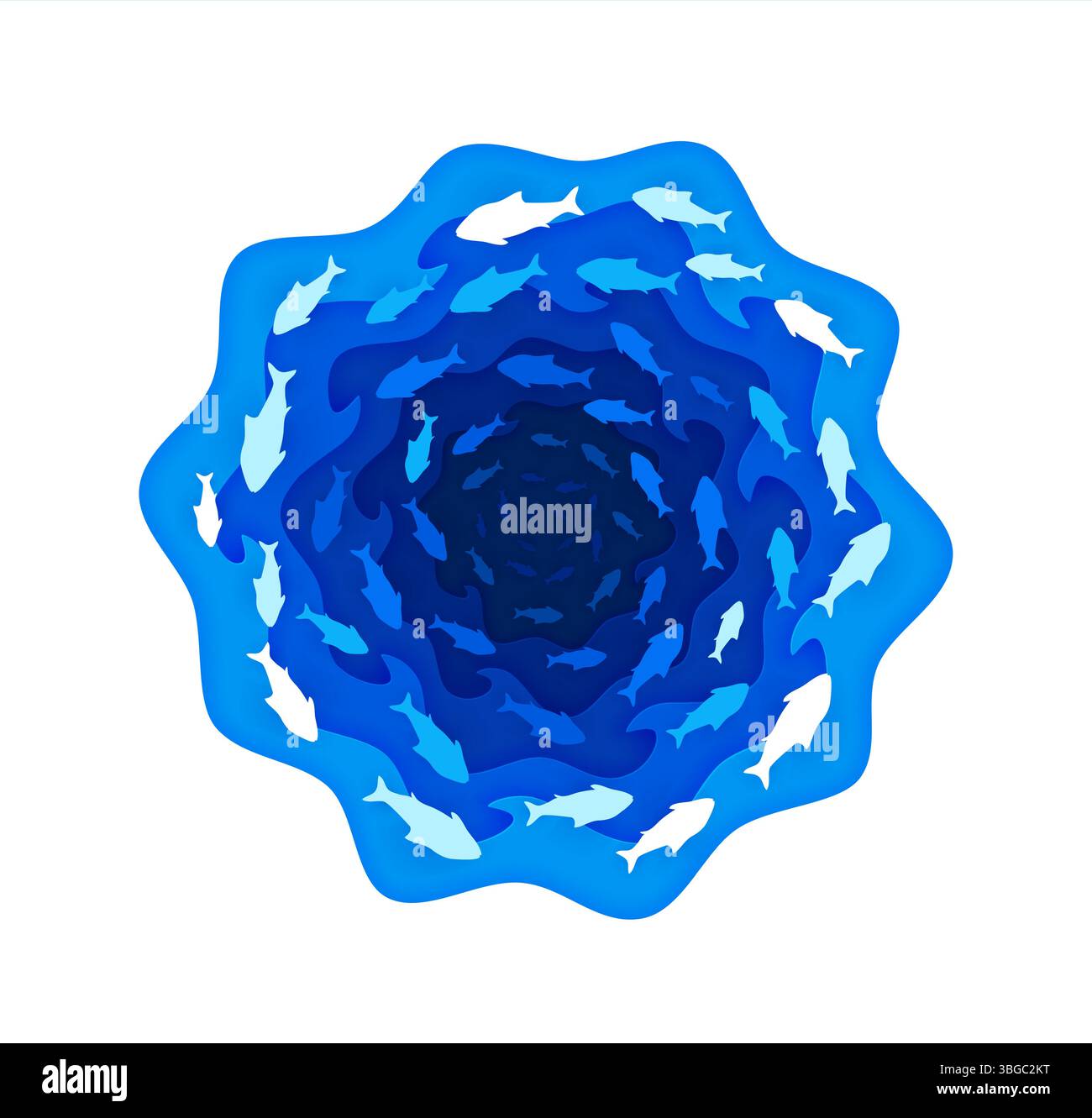 Paper cut fish shoal, 3d vector layered wavy frame features swirling ...