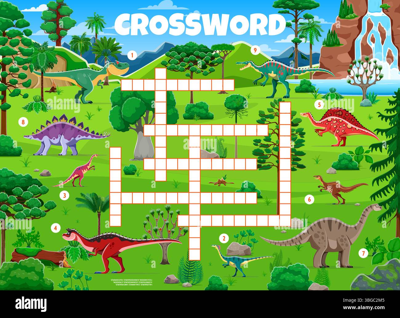 Crossword quiz game grid with prehistoric dinosaurs characters in ...
