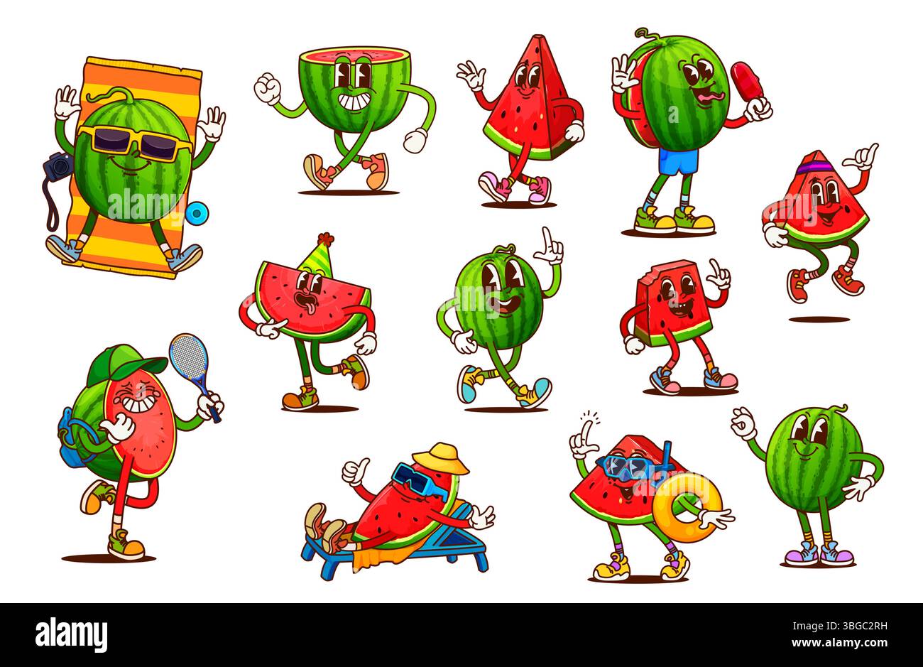 Cartoon groovy watermelon characters of retro hippie farm food. Vector ...