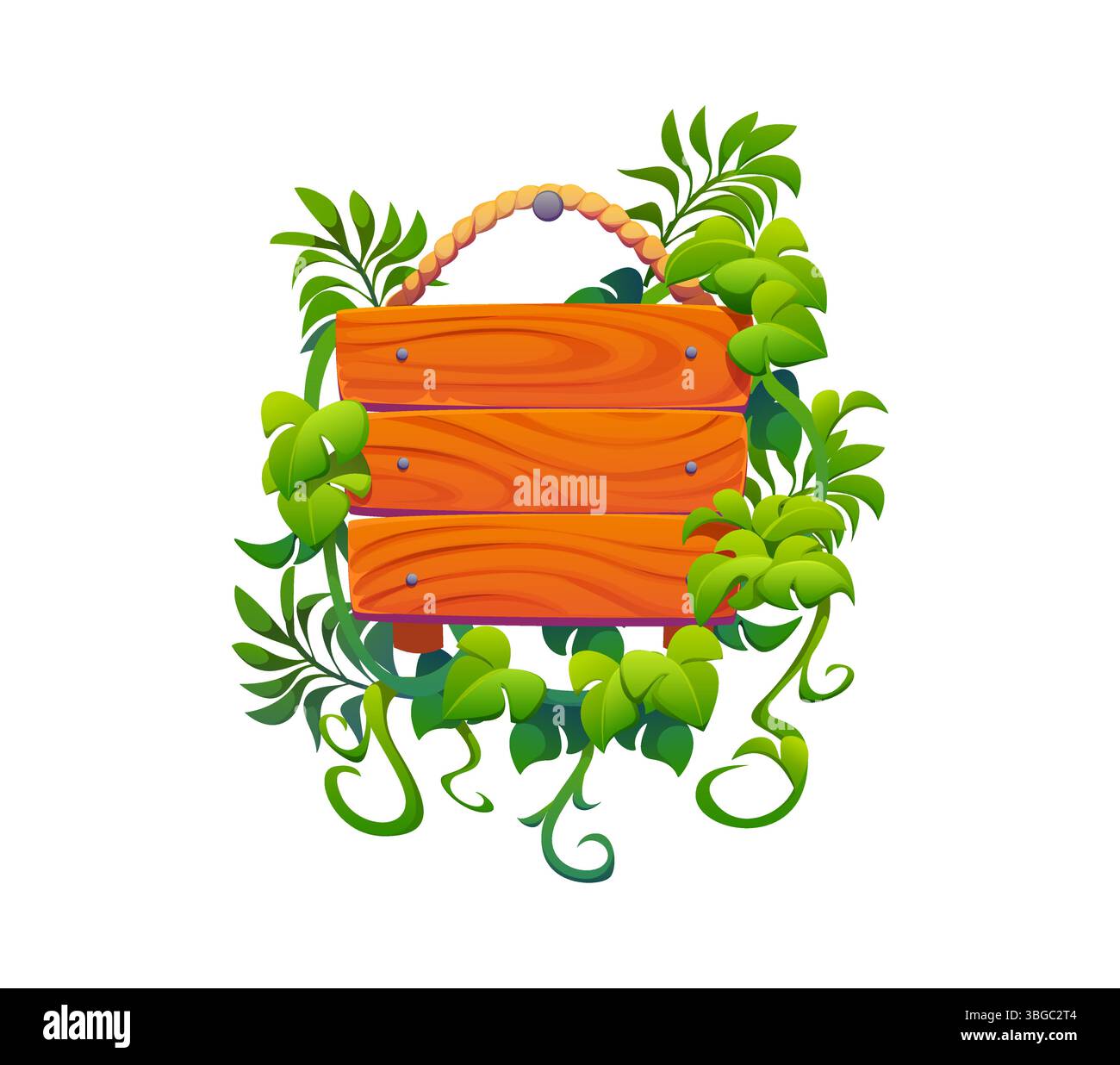 Wooden sign board in liana leaves or tropical jungle green plants ...