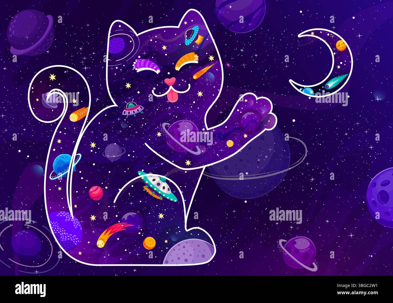 Galaxy space cat touching moon with paw in starry night sky, vector ...