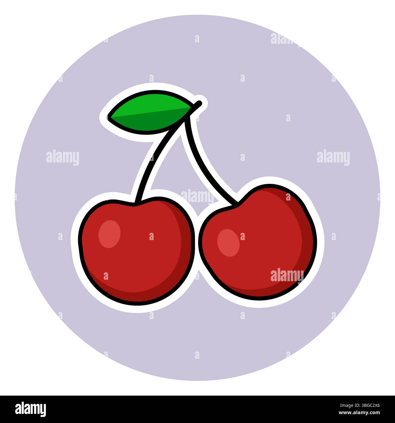 Cartoon vector illustration of a pair of red cherries with a green leaf ...