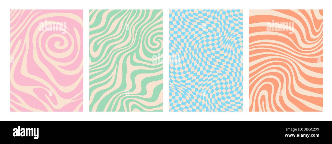Psychedelic groovy hippie patterns with wavy lines and optical illusion ...