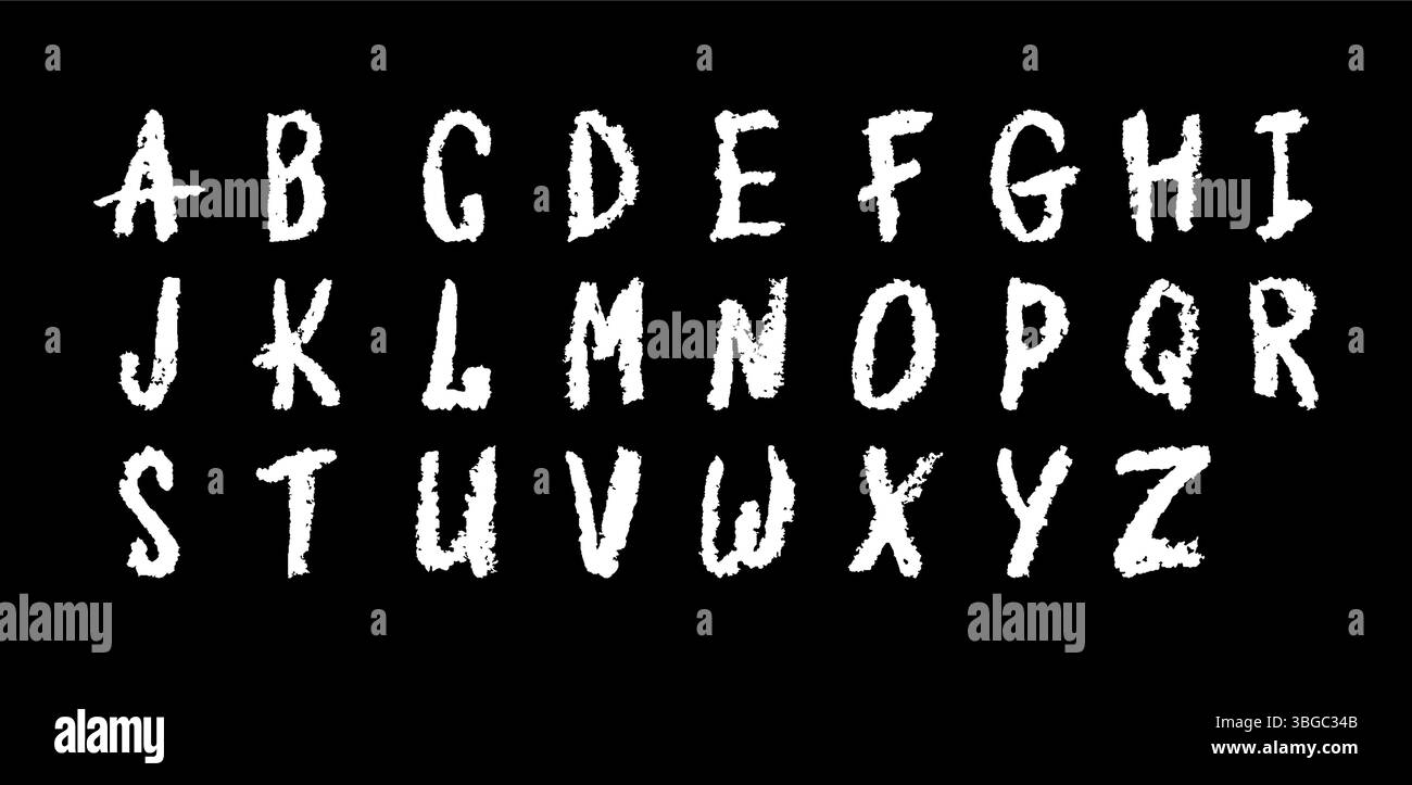 English alphabet hand-drawn in a crayon. Capital white letters in chalk ...