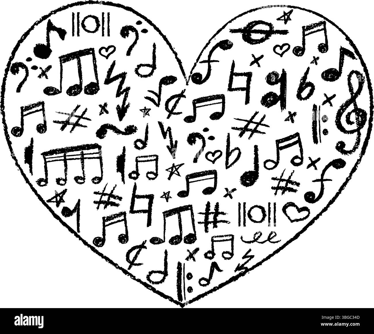 Heart shape filled with musical icons set. Charcoal stamp texture, cute ...