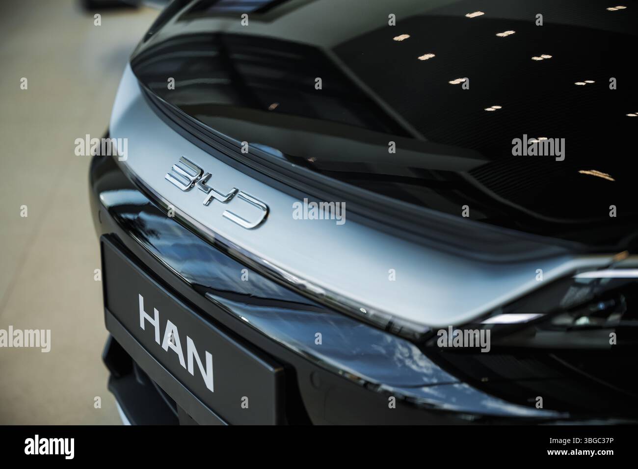 Almaty, Kazakhstan - May 29, 2025: Byd logo on the front of a Han car ...