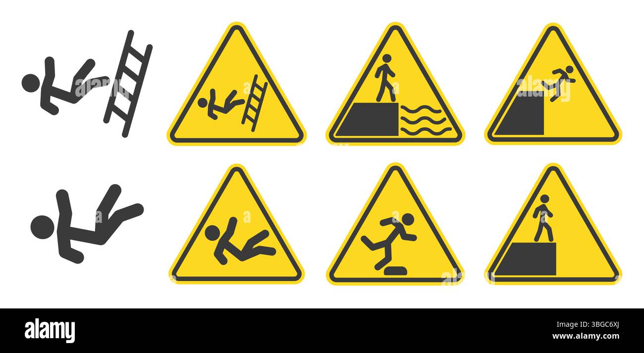 Person falls down the ladder icon. Fall down caution hazard icon symbol ...