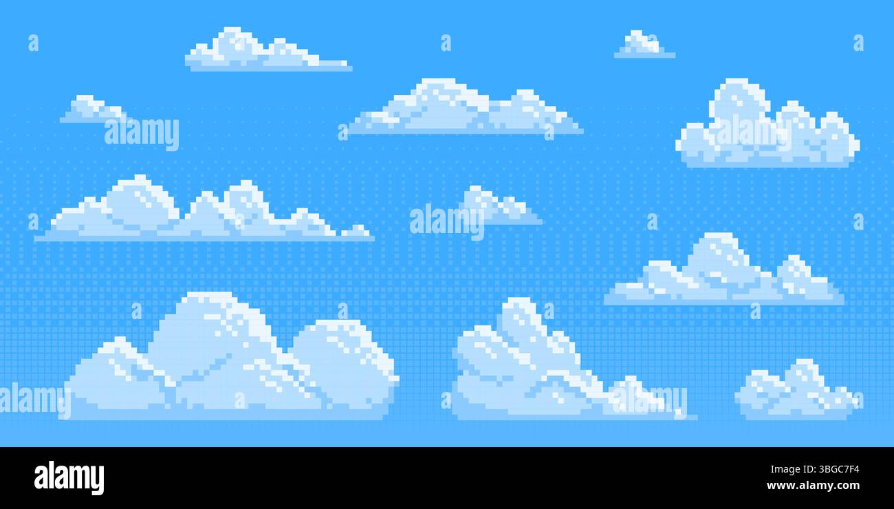 Pixel clouds set for game background - fluffy cumulus cloudscape in 8 bit style. Cartoon sky ...