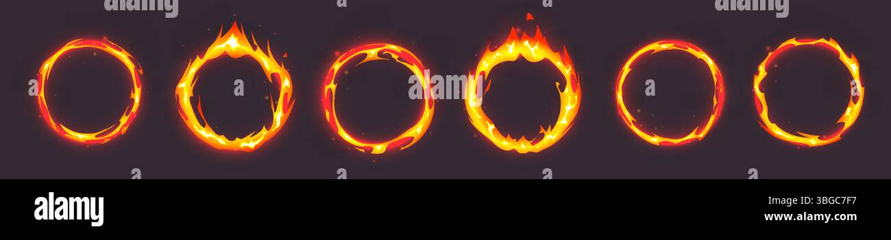 Burning fire ring frames set - round borders made of flames. Fiery ...