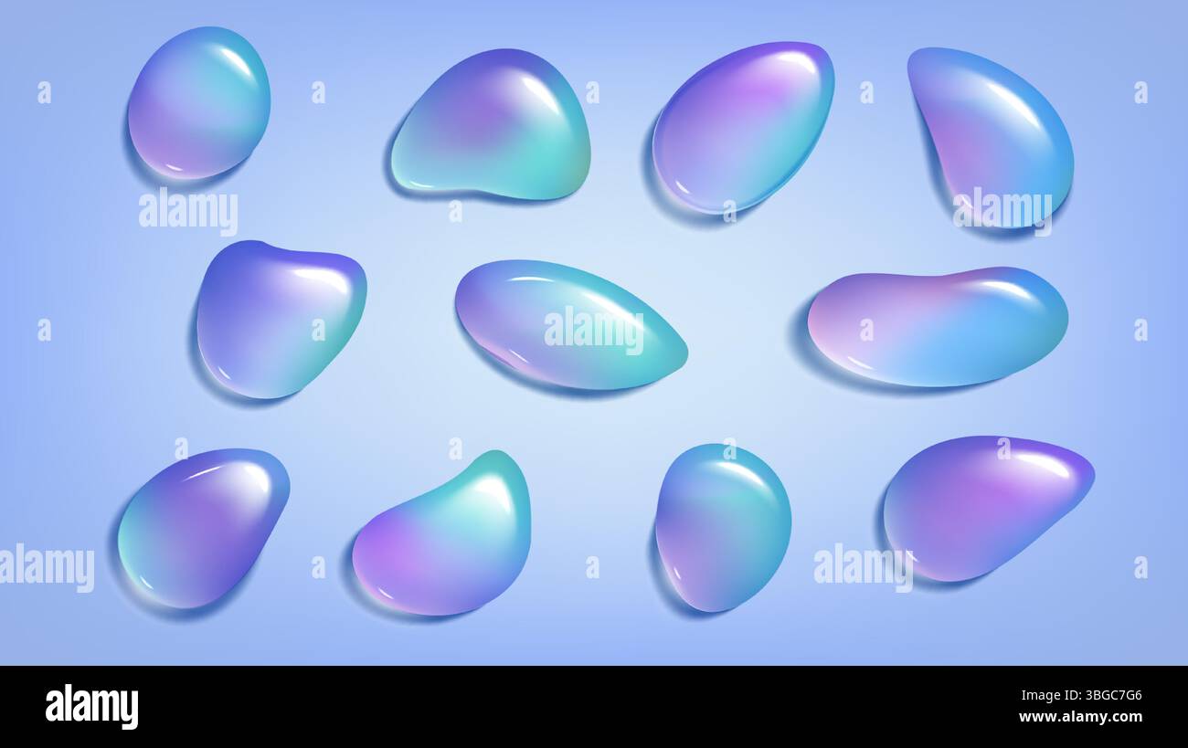 Holographic drop shapes in vibrant gradient colors from purple to blue ...