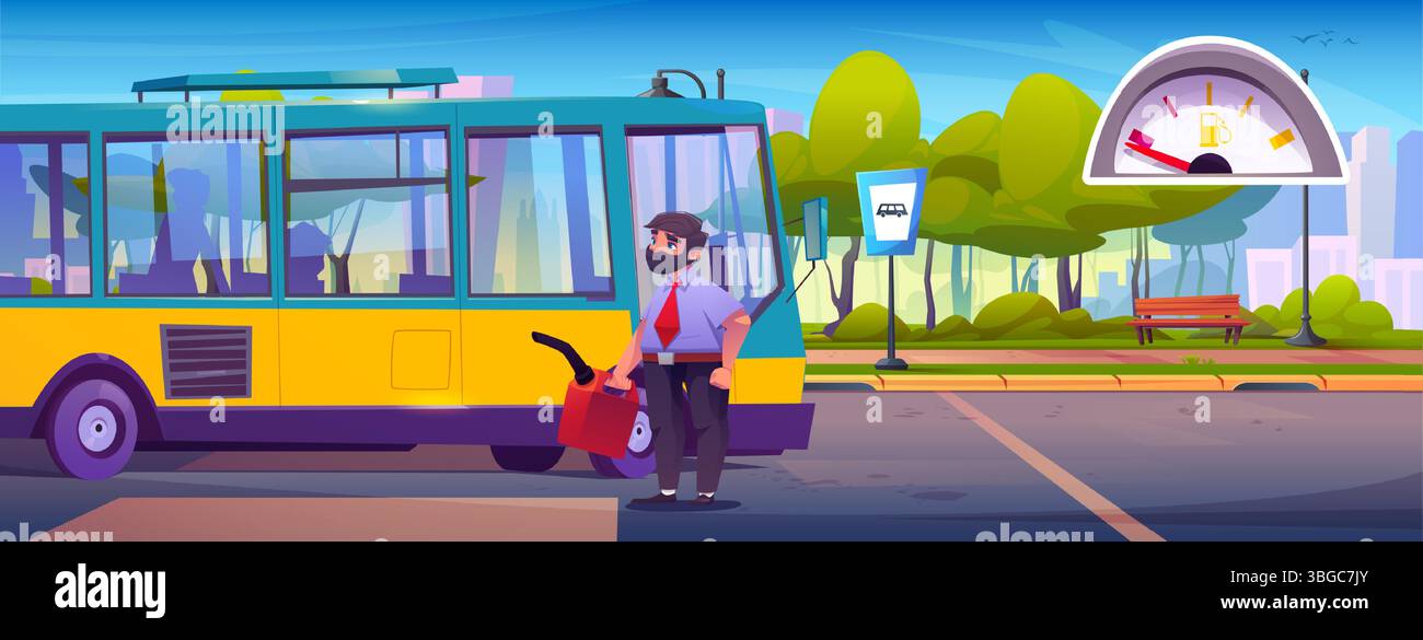 Bus driver fills empty vehicle with fuel from red canister at stop ...