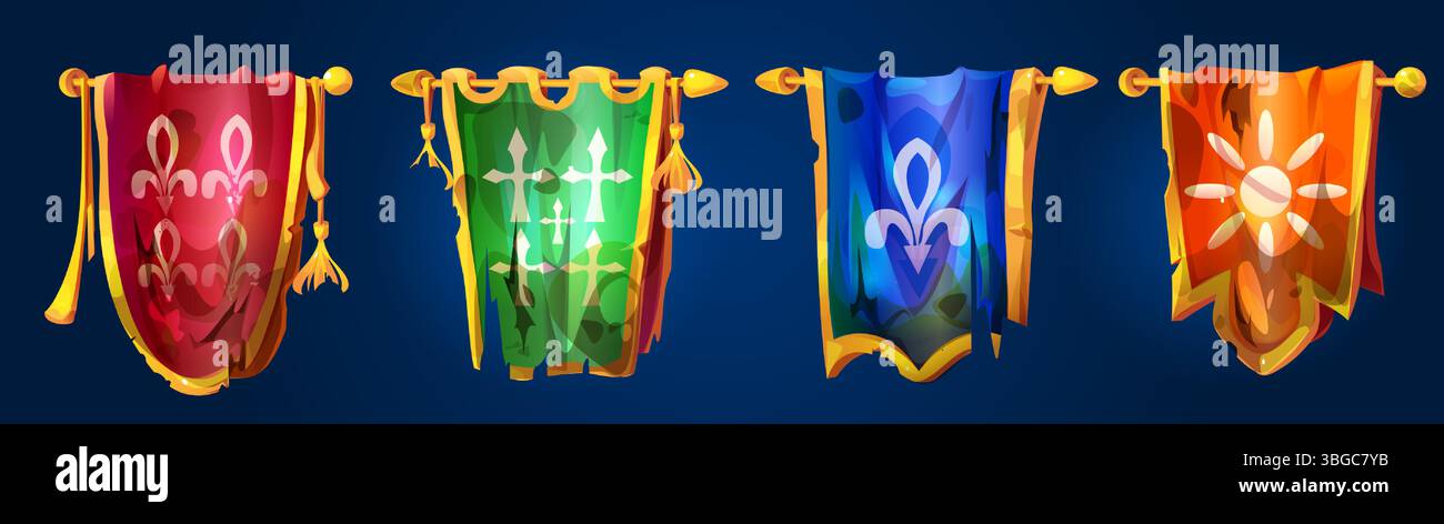 Ragged medieval war banners hanging on golden poles - torn flag edges ...