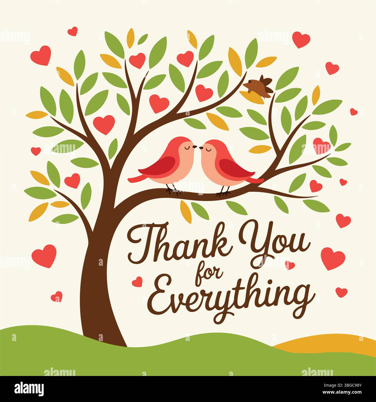 Romantic Thank You Card – Cute Birds, Love Tree, Heartfelt Appreciation ...