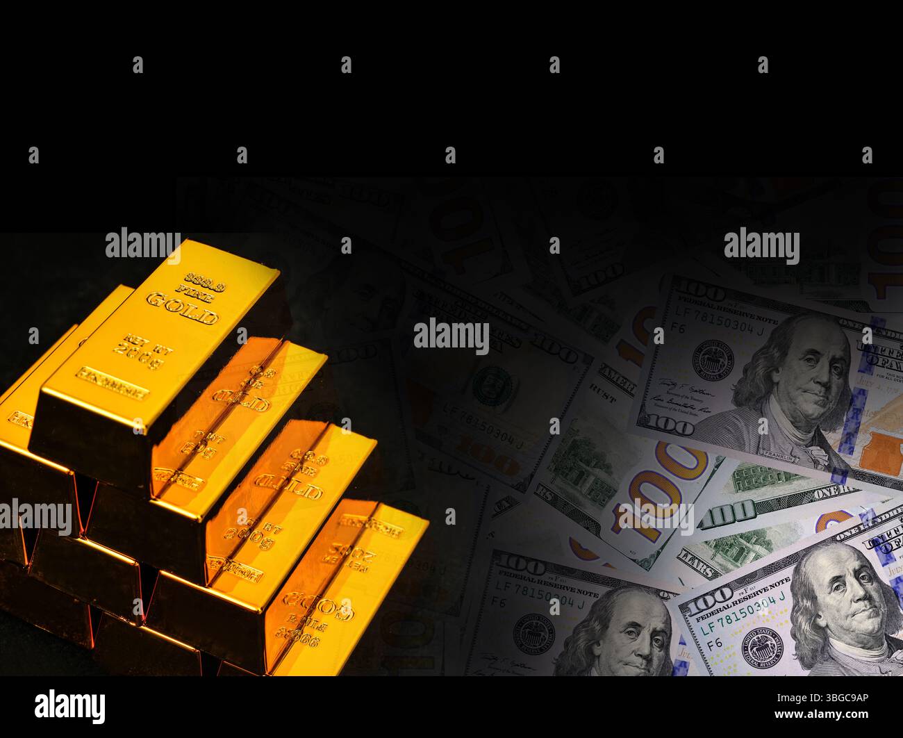 Gold bars and US dollar bill banknotes background. online concept asset ...