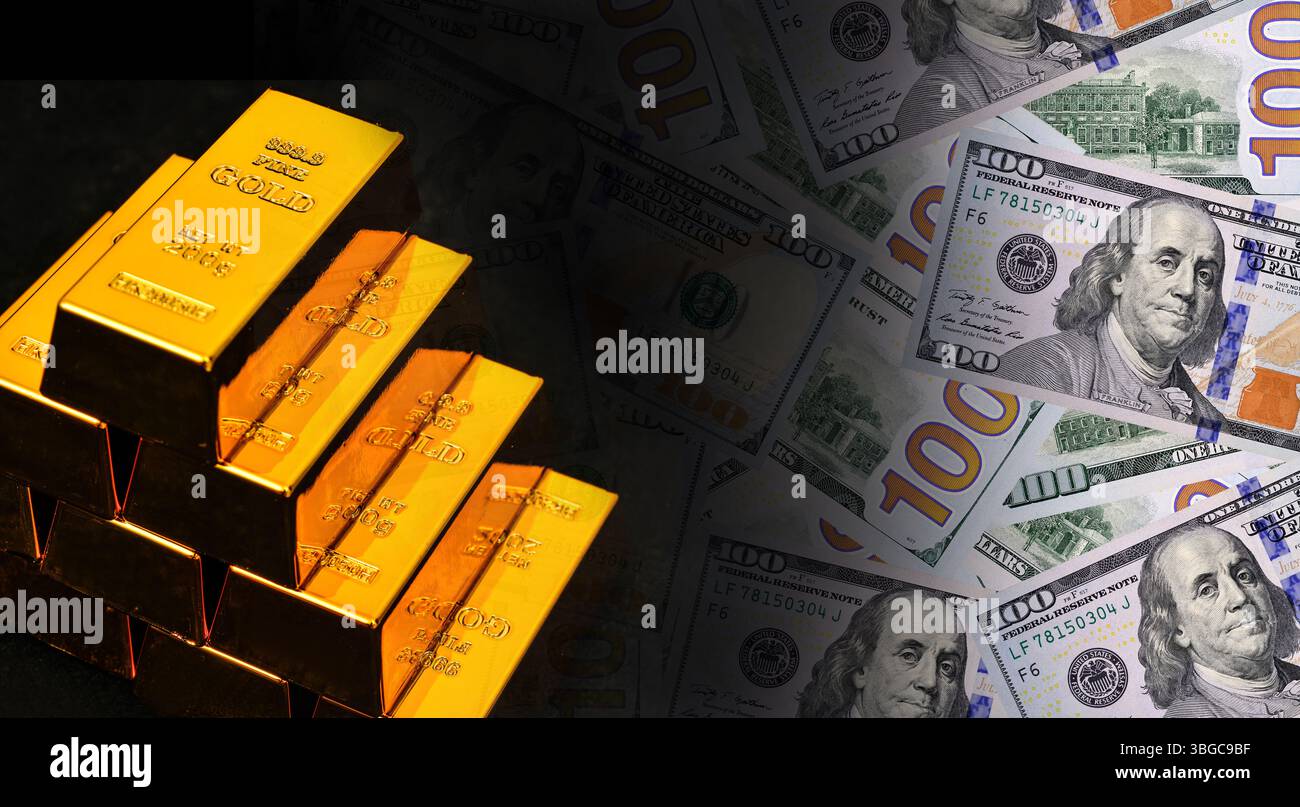 Gold bars and US dollar bill banknotes background. online concept asset ...