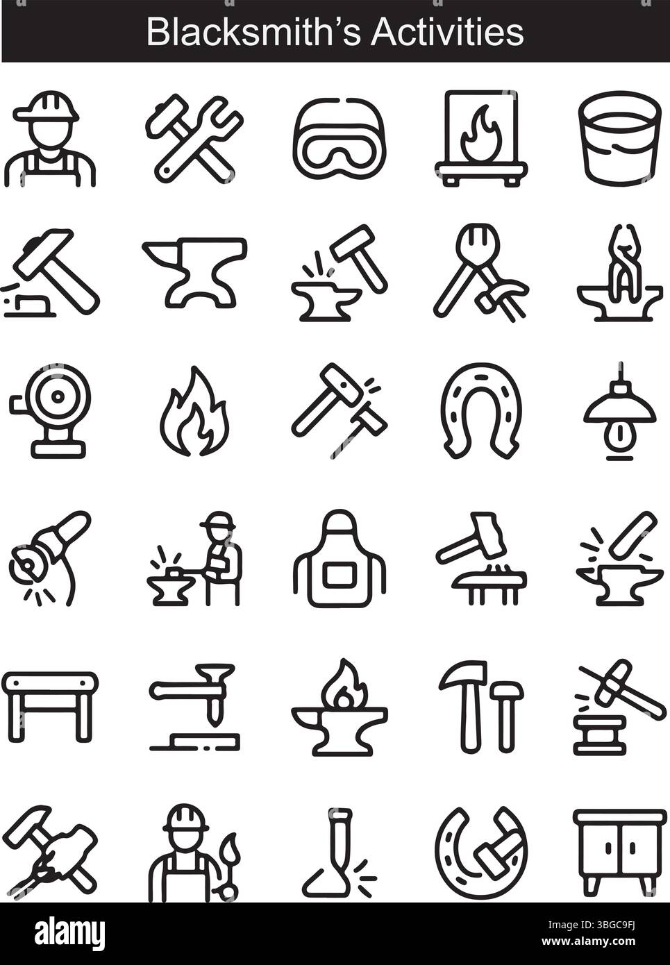 Blacksmith Icons Set – Forging Tools, Anvils, Fire, Metalworking Activities Stock Vector Image ...